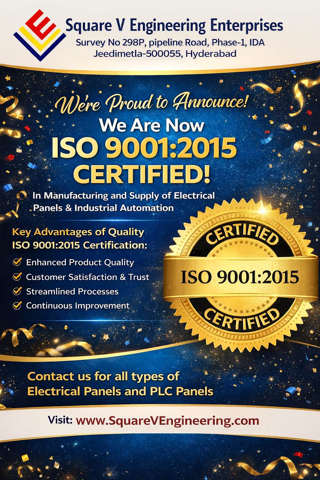 Achievement of Certificate of ISO - Square V Engineering Enterprises